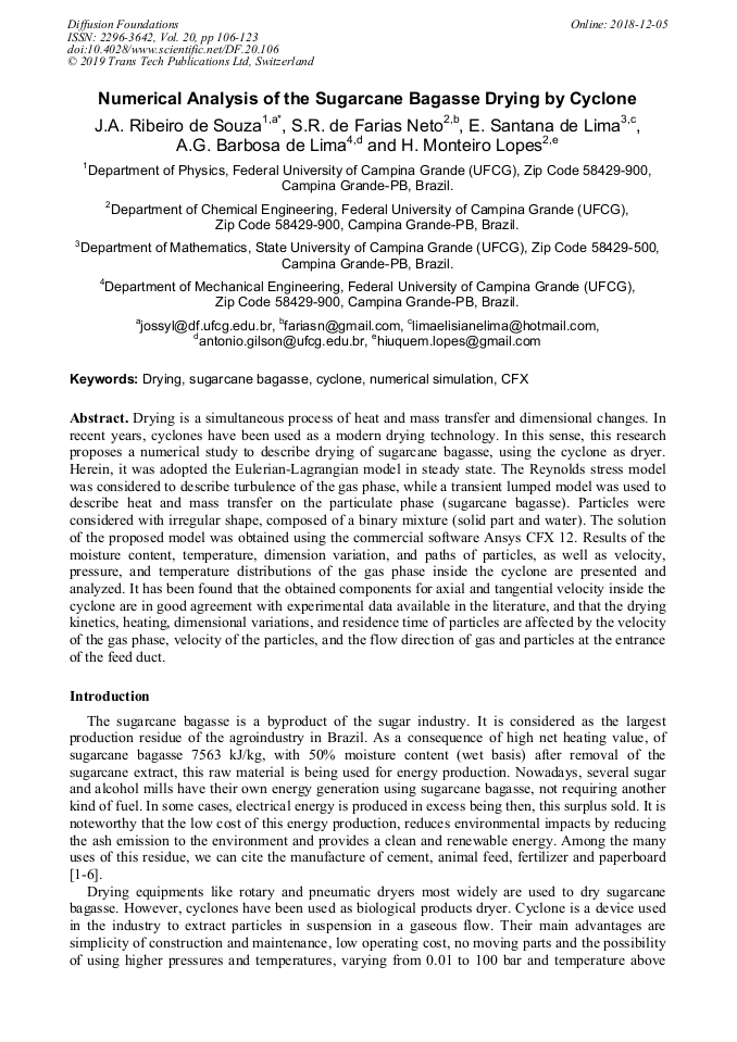 Numerical Analysis of the Sugarcane Bagasse Drying by Cyclone ...