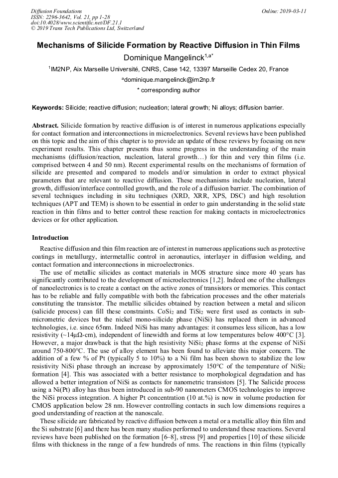 Mechanisms of Silicide Formation by Reactive Diffusion in Thin Films ...