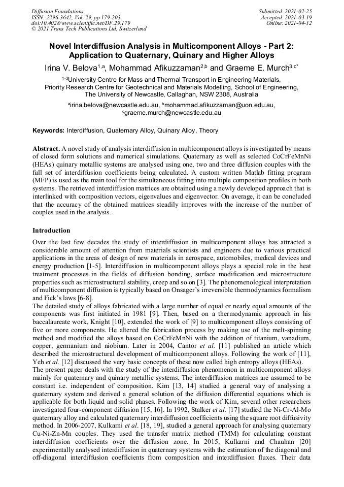 Novel Interdiffusion Analysis in Multicomponent Alloys - Part 2 ...