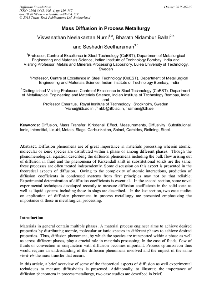 Mass Diffusion in Process Metallurgy | Scientific.Net