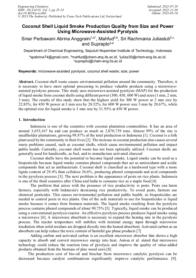 Coconut Shell Liquid Smoke Production Quality from Size and Power Using ...