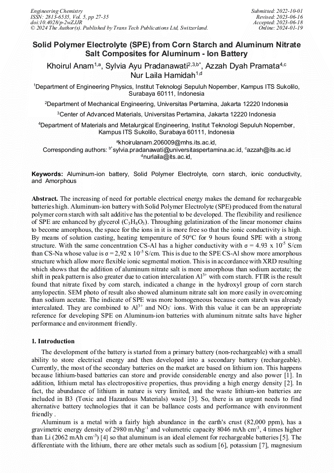 Solid Polymer Electrolyte (SPE) from Corn Starch and Aluminum Nitrate ...