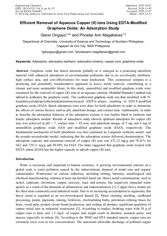 Efficient Removal of Aqueous Copper (II) Ions Using EDTA-Modified ...