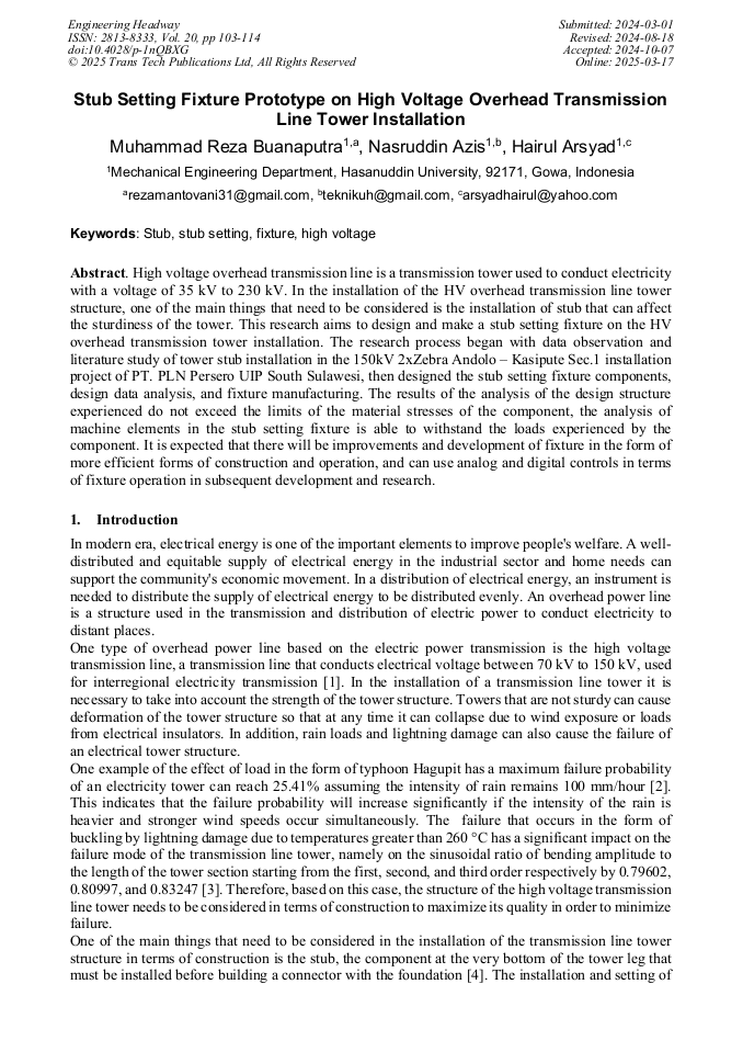 Stub Setting Fixture Prototype on High Voltage Overhead Transmission ...