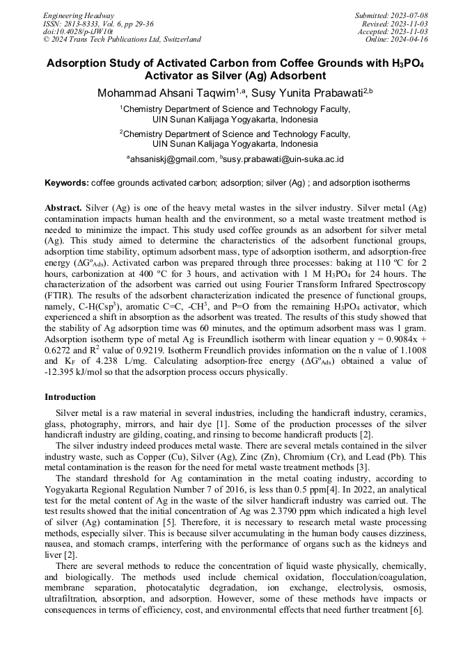 Adsorption Study of Activated Carbon from Coffee Grounds with H3PO4 ...