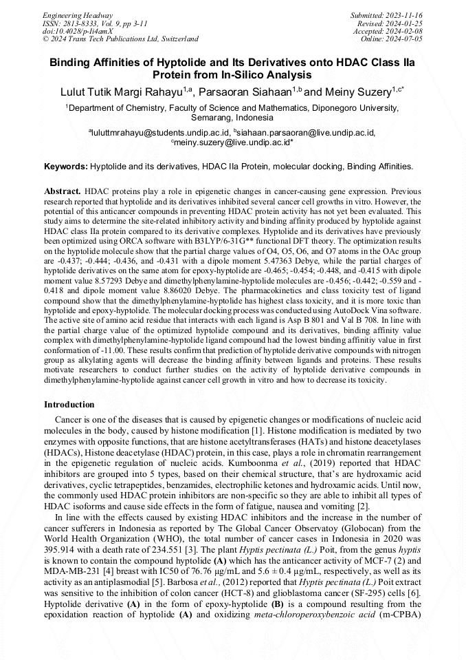 Binding Affinities of Hyptolide and its Derivatives onto HDAC Class IIa ...