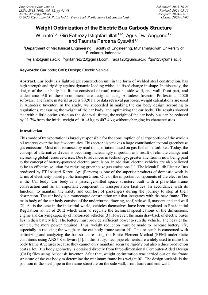 Weight Optimization of the Electric Bus Carbody Structure | Scientific.Net