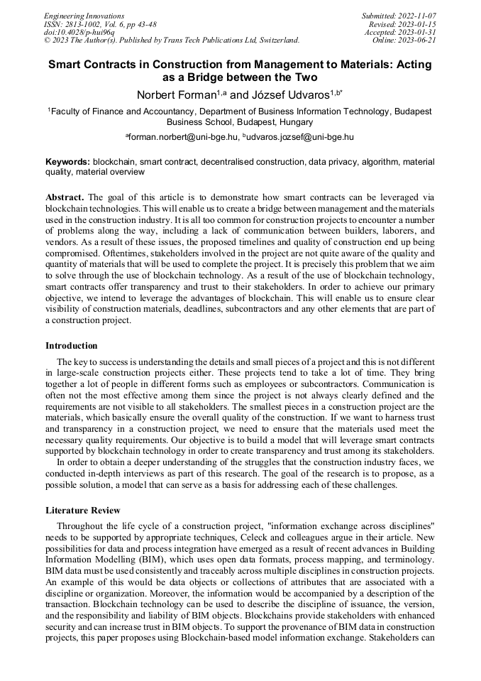 Smart Contracts in Construction from Management to Materials: Acting as ...