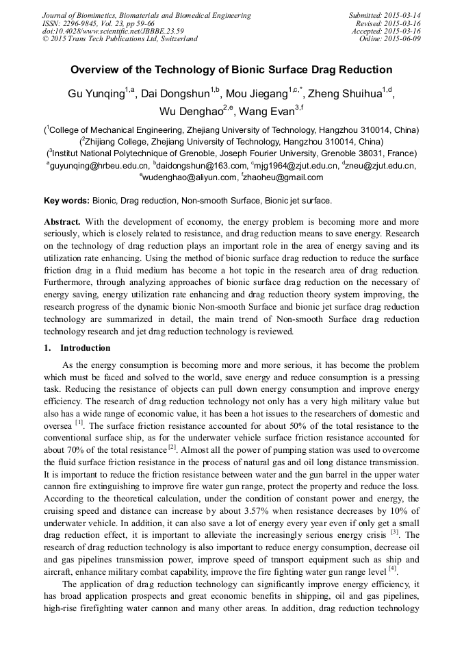 Overview of the Technology of Bionic Surface Drag Reduction ...