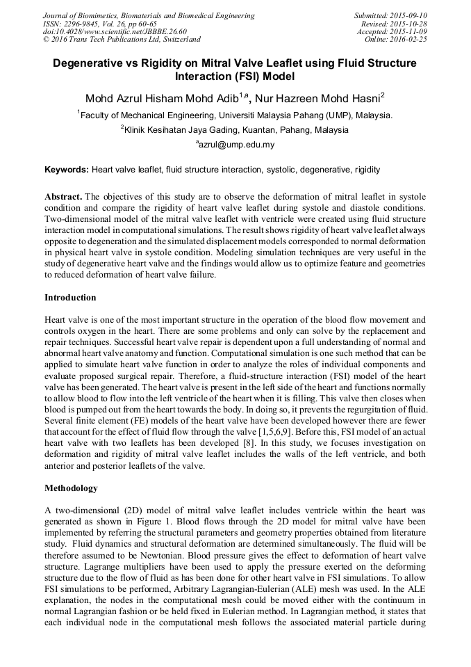 Degenerative vs Rigidity on Mitral Valve Leaflet Using Fluid Structure ...