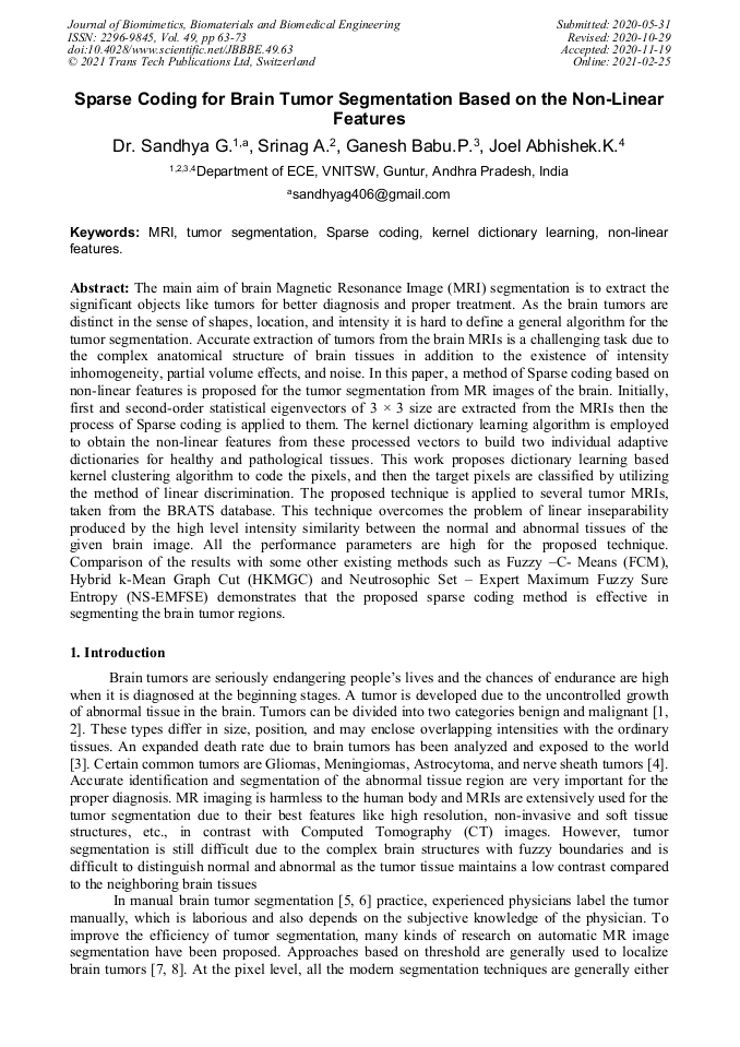 Sparse Coding for Brain Tumor Segmentation Based on the Non-Linear ...