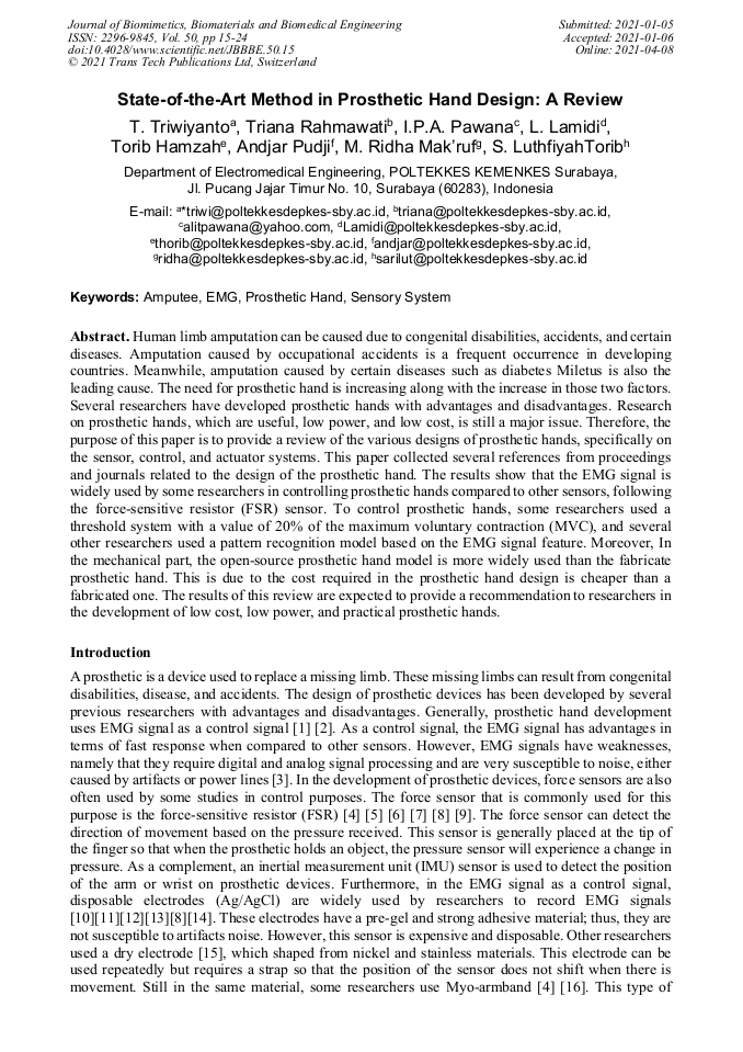 State-of-the-Art Method in Prosthetic Hand Design: A Review ...