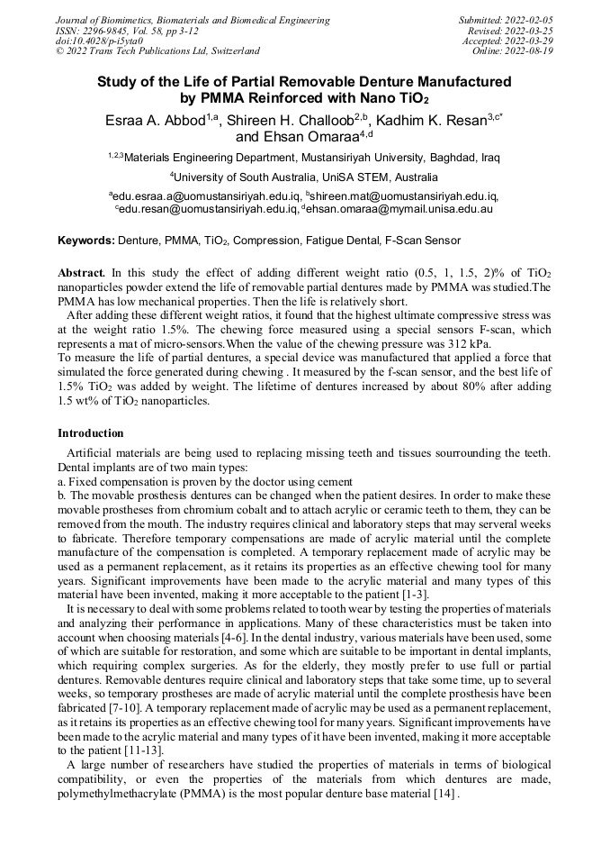 Study of the Life of Partial Removable Denture Manufactured by PMMA ...