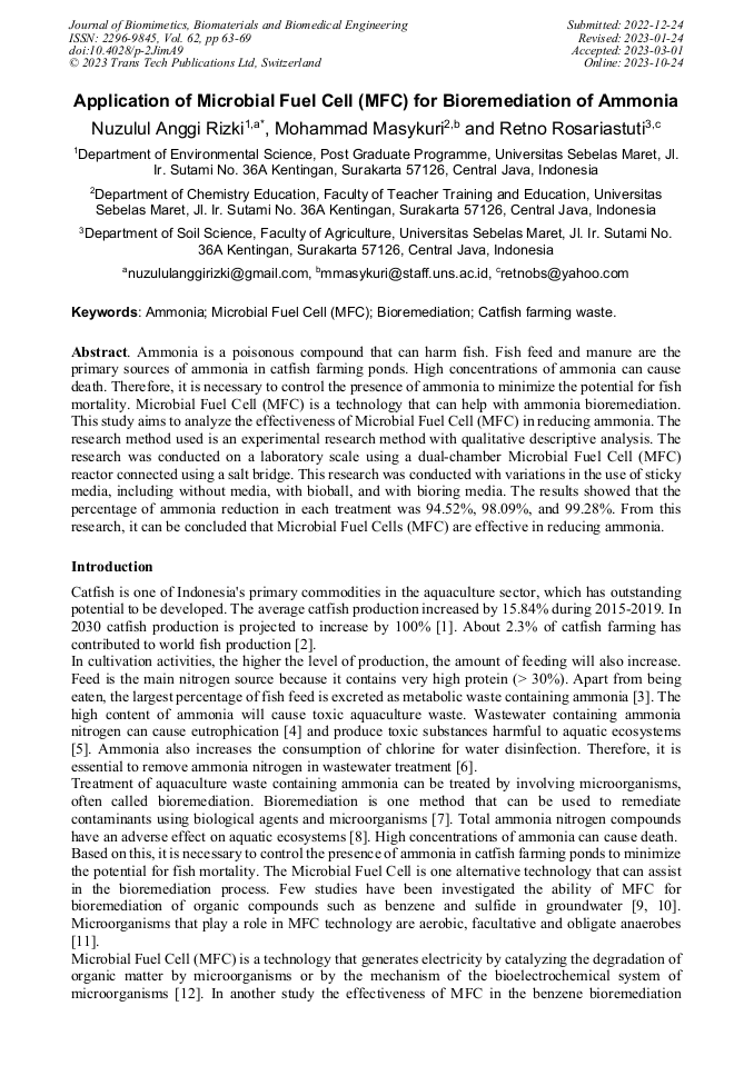 Application of Microbial Fuel Cell (MFC) for Bioremediation of Ammonia ...