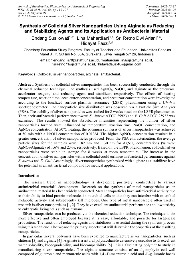 Synthesis of Colloidal Silver Nanoparticles Using Alginate as Reducing ...