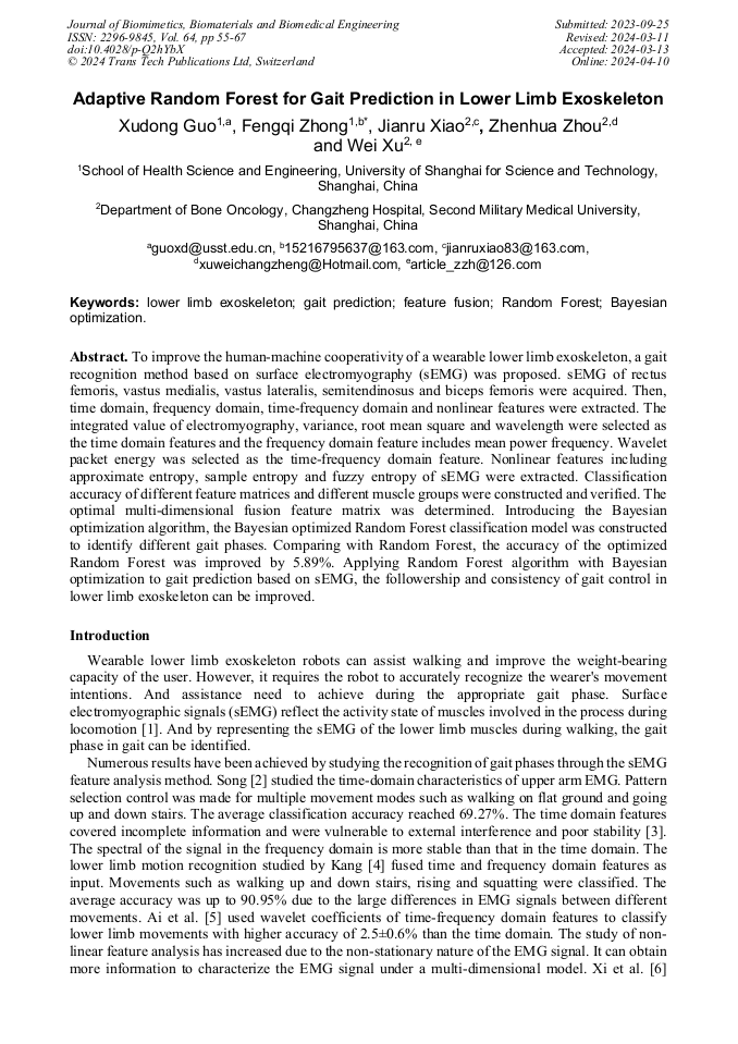 Adaptive Random Forest for Gait Prediction in Lower Limb Exoskeleton | Scientific.Net