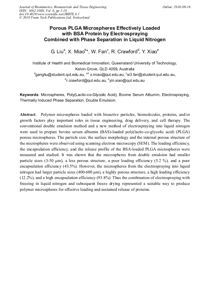 Porous PLGA Microspheres Effectively Loaded with BSA Protein by ...