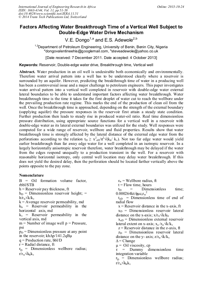 Factors Affecting Water Breakthrough Time of a Vertical Well Subject to ...