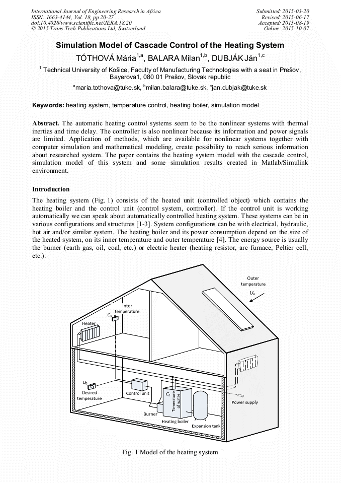 Simulation Model of Cascade Control of the Heating System | Scientific.Net
