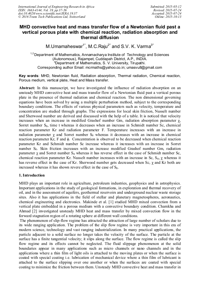 MHD Convective Heat and Mass Transfer Flow of a Newtonian Fluid Past a ...