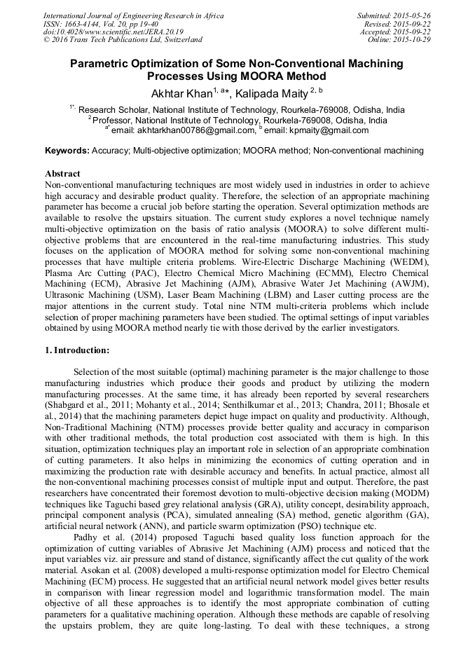 Parametric Optimization of Some Non-Conventional Machining Processes Using MOORA Method ...