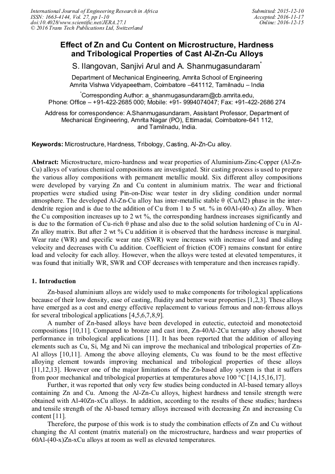 Effect of Zn and Cu Content on Microstructure, Hardness and Tribological Properties of Cast Al ...