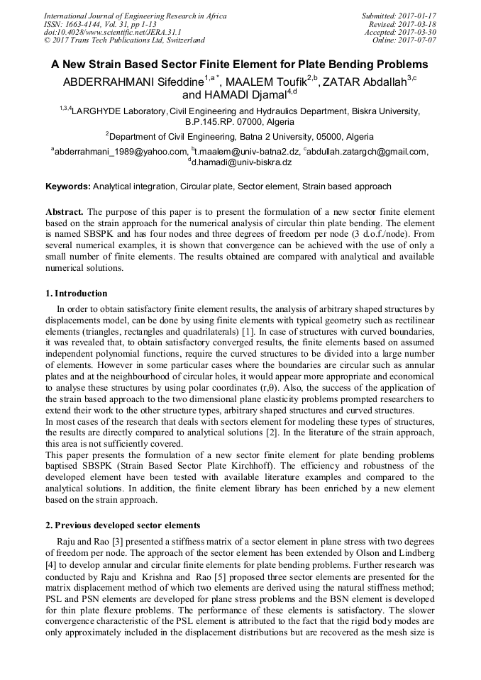A New Strain Based Sector Finite Element for Plate Bending Problems ...