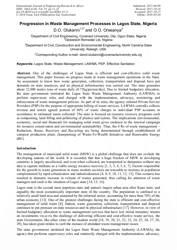 Progression in Waste Management Processes in Lagos State, Nigeria ...