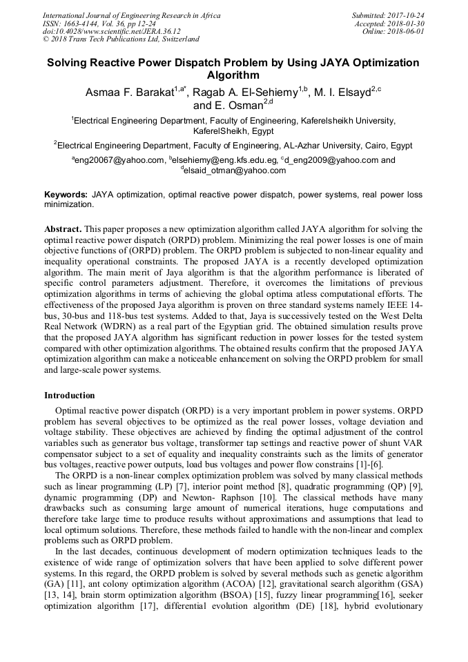 Solving Reactive Power Dispatch Problem by Using JAYA Optimization Algorithm | Scientific.Net