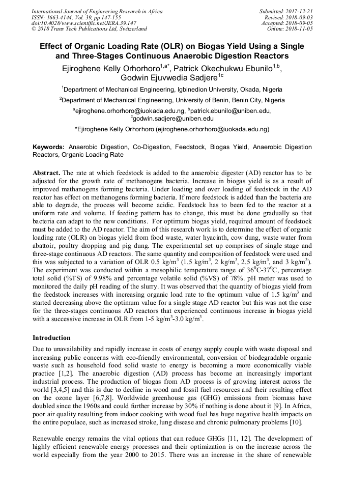 Effect of Organic Loading Rate (OLR) on Biogas Yield Using a Single and ...