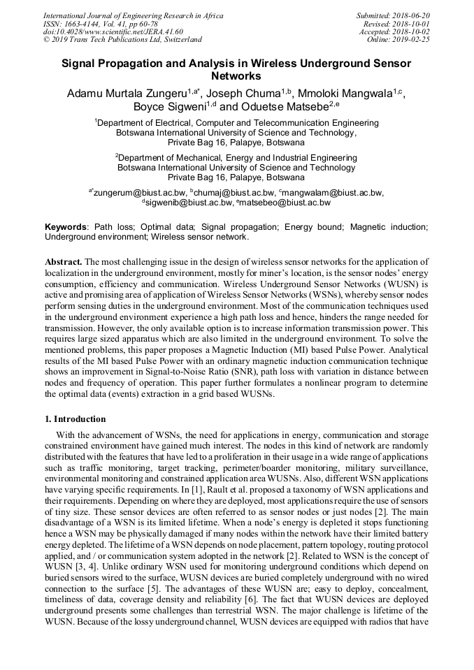 Signal Propagation and Analysis in Wireless Underground Sensor Networks ...