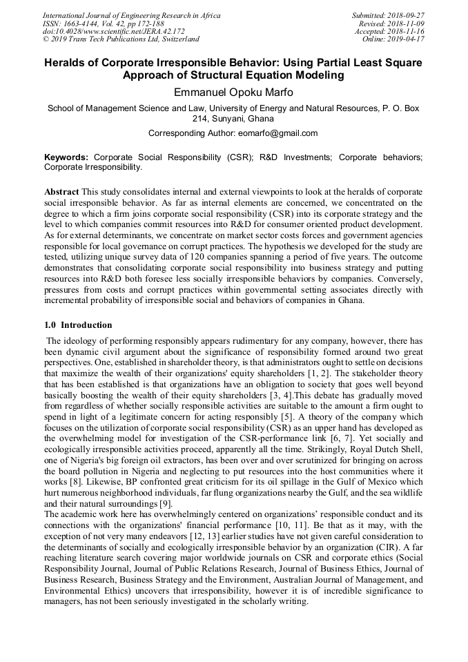 Heralds of Corporate Irresponsible Behavior: Using Partial Least Square ...
