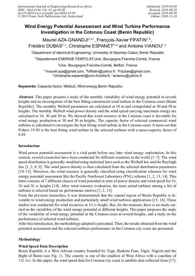 Wind Energy Potential Assessment and Wind Turbine Performance ...
