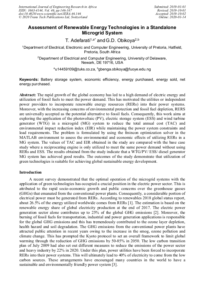 Assessment Of Renewable Energy Technologies In A Standalone Microgrid