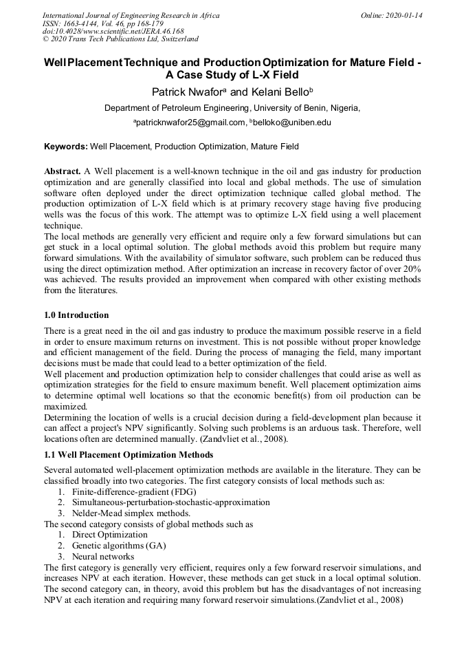 Well Placement Technique and Production Optimization for Mature Field ...
