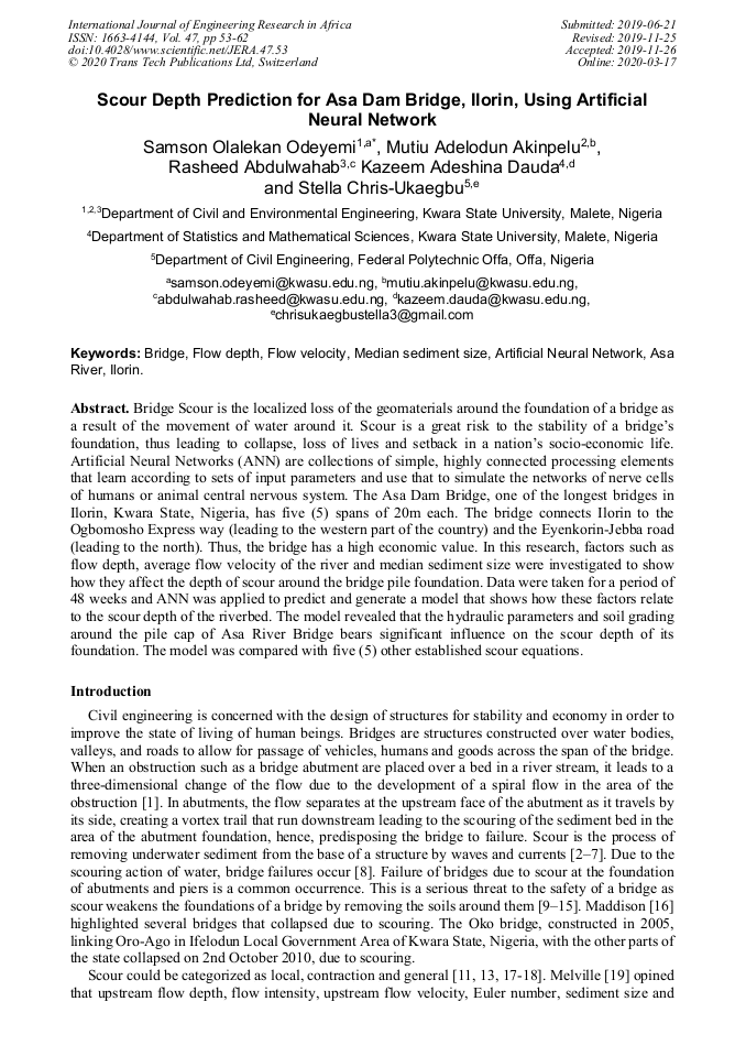 Scour Depth Prediction for Asa Dam Bridge, Ilorin, Using Artificial ...