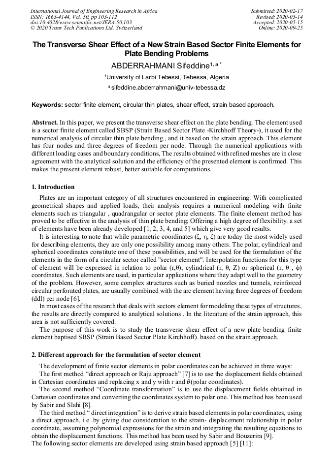 The Transverse Shear Effect of a New Strain Based Sector Finite ...