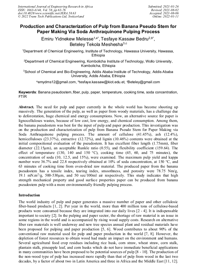 Production and Characterization of Pulp from Banana Pseudo Stem for ...