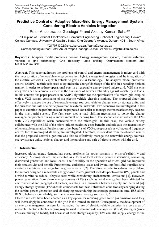 Predictive Control of Adaptive Micro-Grid Energy Management System ...