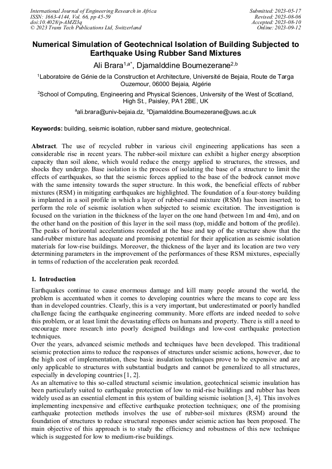 Numerical Simulation of Geotechnical Isolation of Building Subjected to Earthquake Using Rubber ...