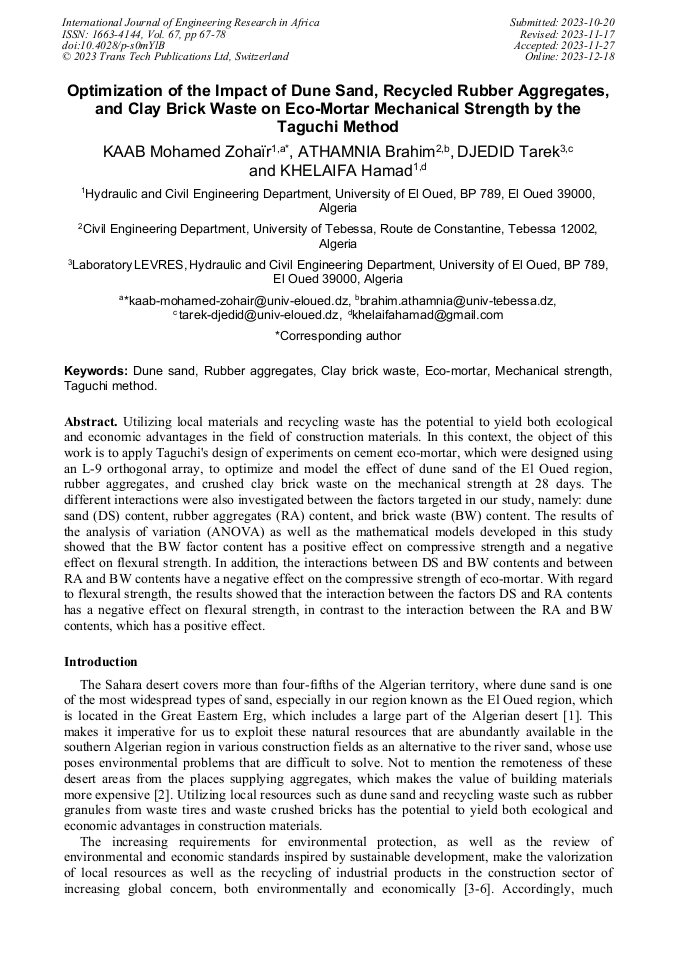 Optimization of the Impact of Dune Sand, Recycled Rubber Aggregates ...