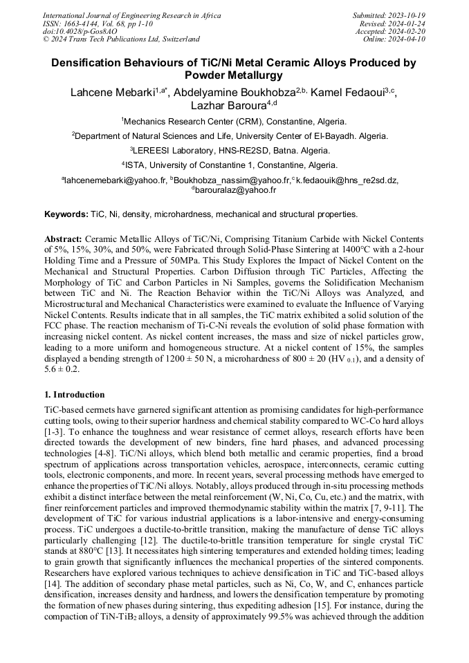 Densification Behaviours of TiC/Ni Metal Ceramic Alloys Produced by ...