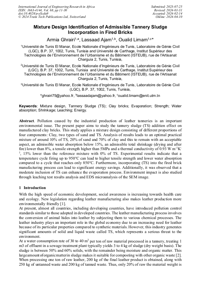 Mixture Design Identification of Admissible Tannery Sludge ...