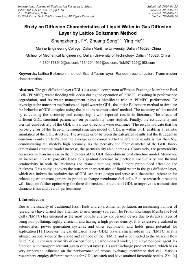 Study on Diffusion Characteristics of Liquid Water in Gas Diffusion ...