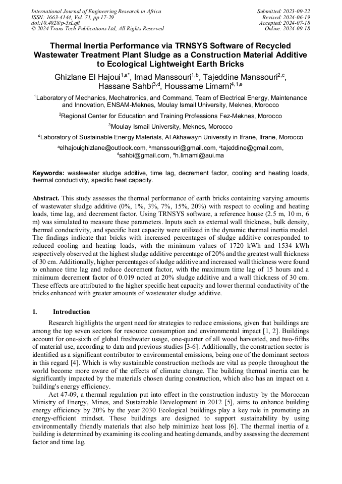 Thermal Inertia Performance via TRNSYS Software of Recycled Wastewater ...