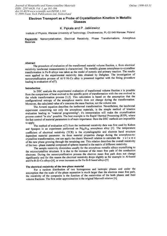 Electron Transport as a Probe of Crystallization Kinetics in Metallic ...