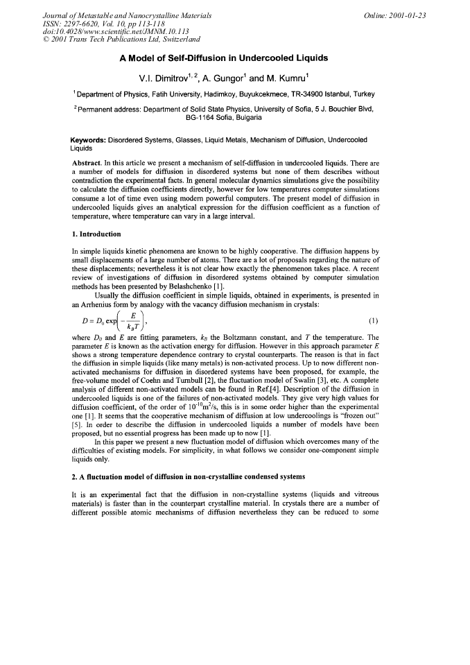 A Model of Self-Diffusion in Undercooled Liquids | Scientific.Net