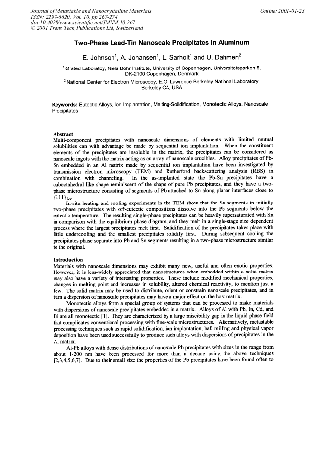 Two-Phase Lead-Tin Nanoscale Precipitates in Aluminum | Scientific.Net