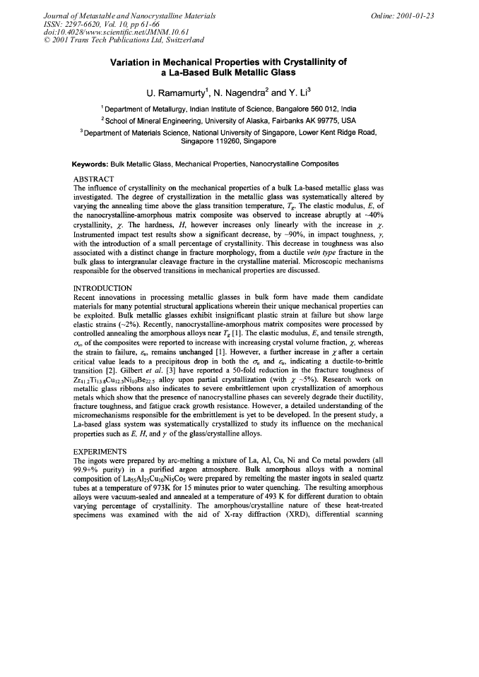Variation in Mechanical Properties with Crystallinity of a La-Based ...