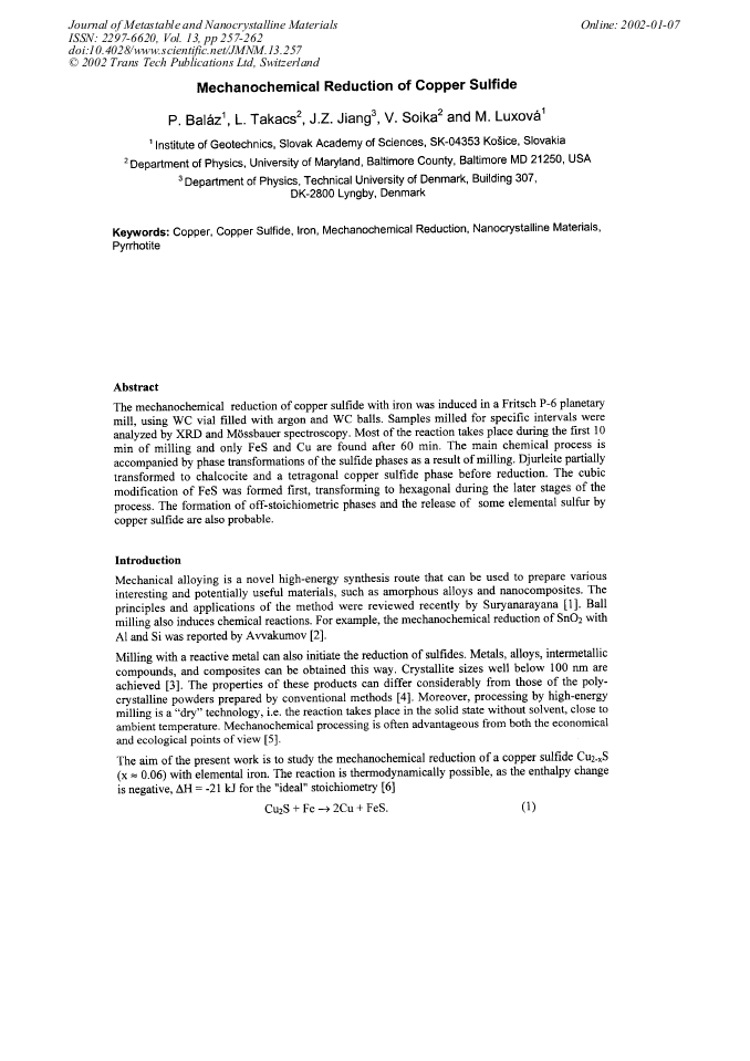 Mechanochemical Reduction of Copper Sulfide | Scientific.Net